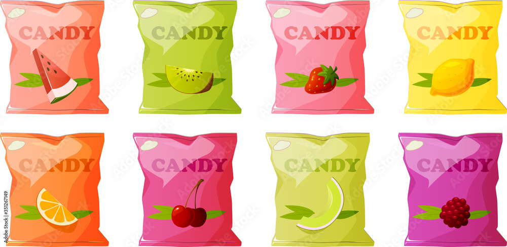 Vector illustration of various candy bags isolated on white background ...