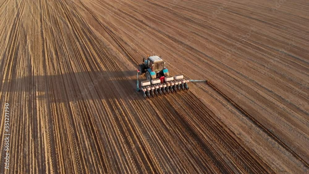 Farmer on a tractor with a precision seeding planter Shuttle plants row ...