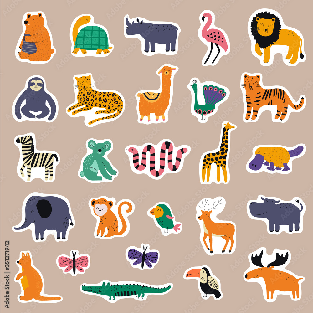 Big collection with hand drawn colorful animals stickers. Cute kids ...