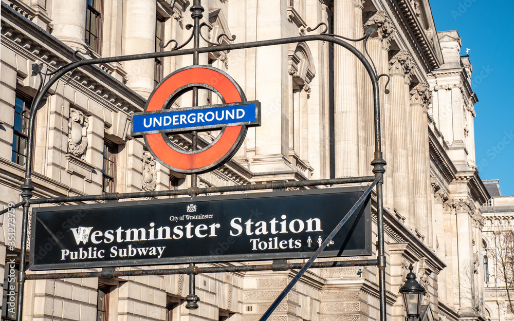 Westminster London Underground tube station roundel and sign. Close to ...