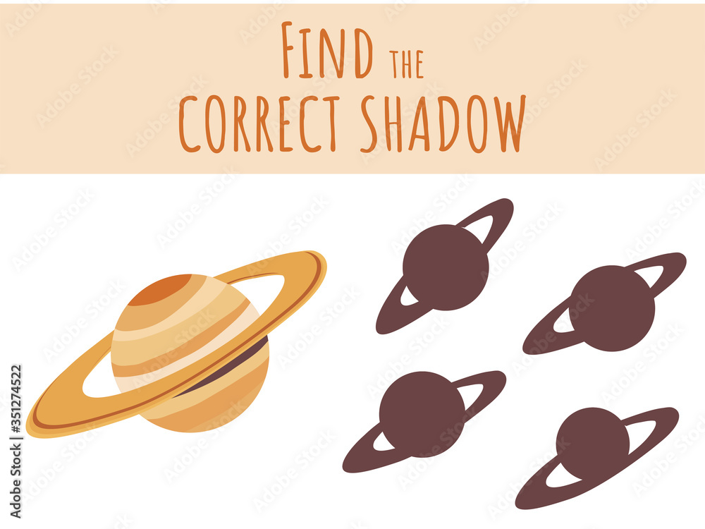 Vector illustration of shadow matching game with cartoon Saturn planet ...