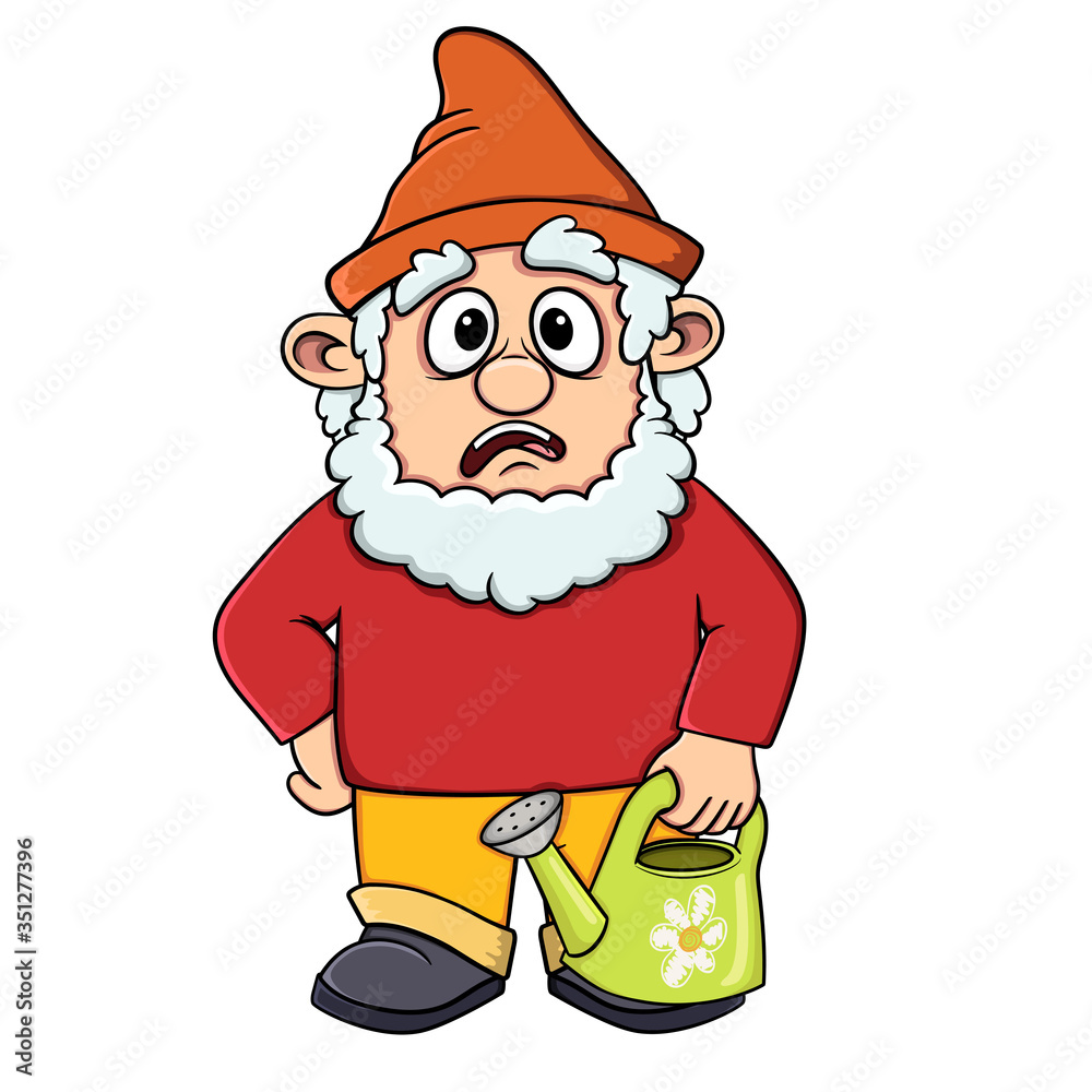 funny cartoon surprised gnome with soda watering can in hands. Vector ...