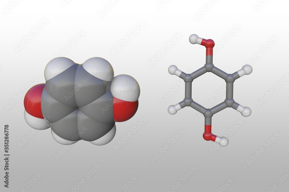 Molecular model of hydroquinone. Atoms are represented as spheres with ...