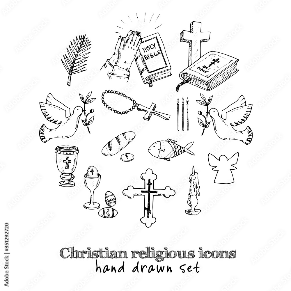 Christianity traditional religious symbols isolated hand drawn doodles ...
