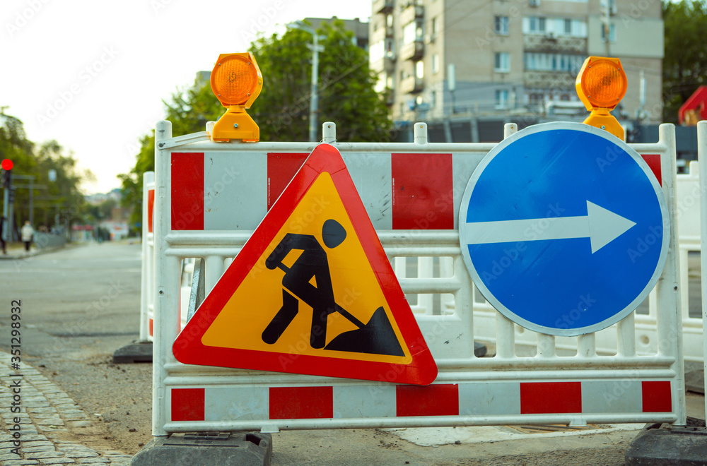 Traffic signs on a white-red background. Cityscape with traffic signs ...