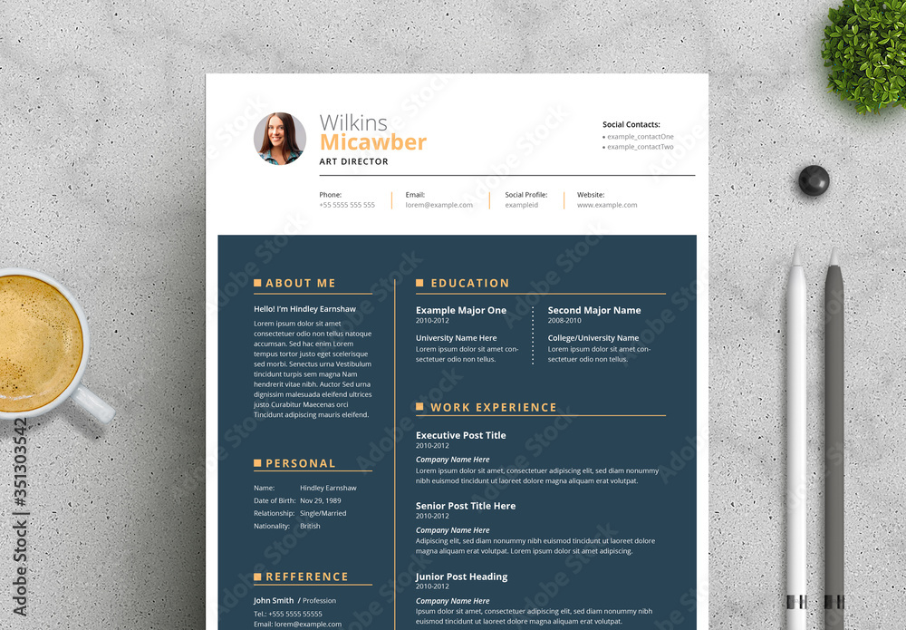 Resume and Cover Letter Layout with Gold Nevy Blue Accents Stock ...