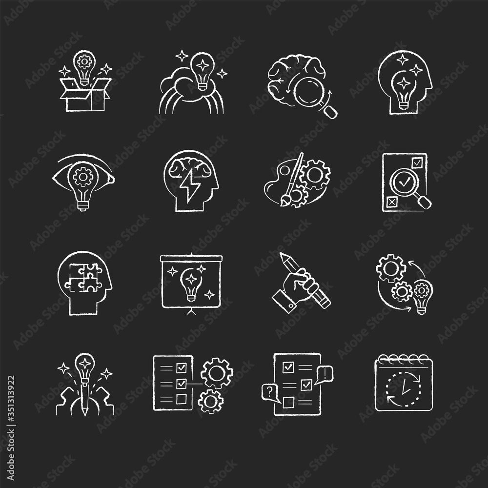 Creativity chalk white icons set on black background. Idea generation ...