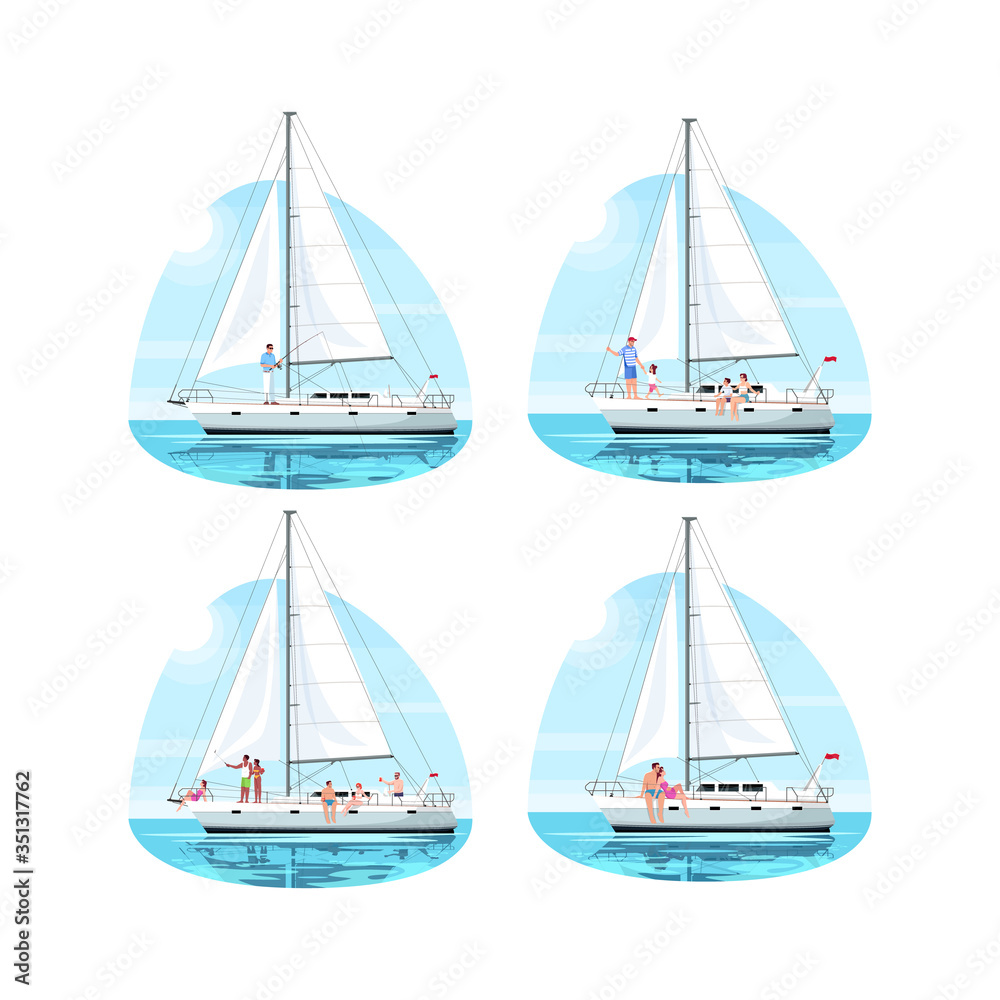 Vetor de Regatta with people semi flat vector illustration set. Family ...