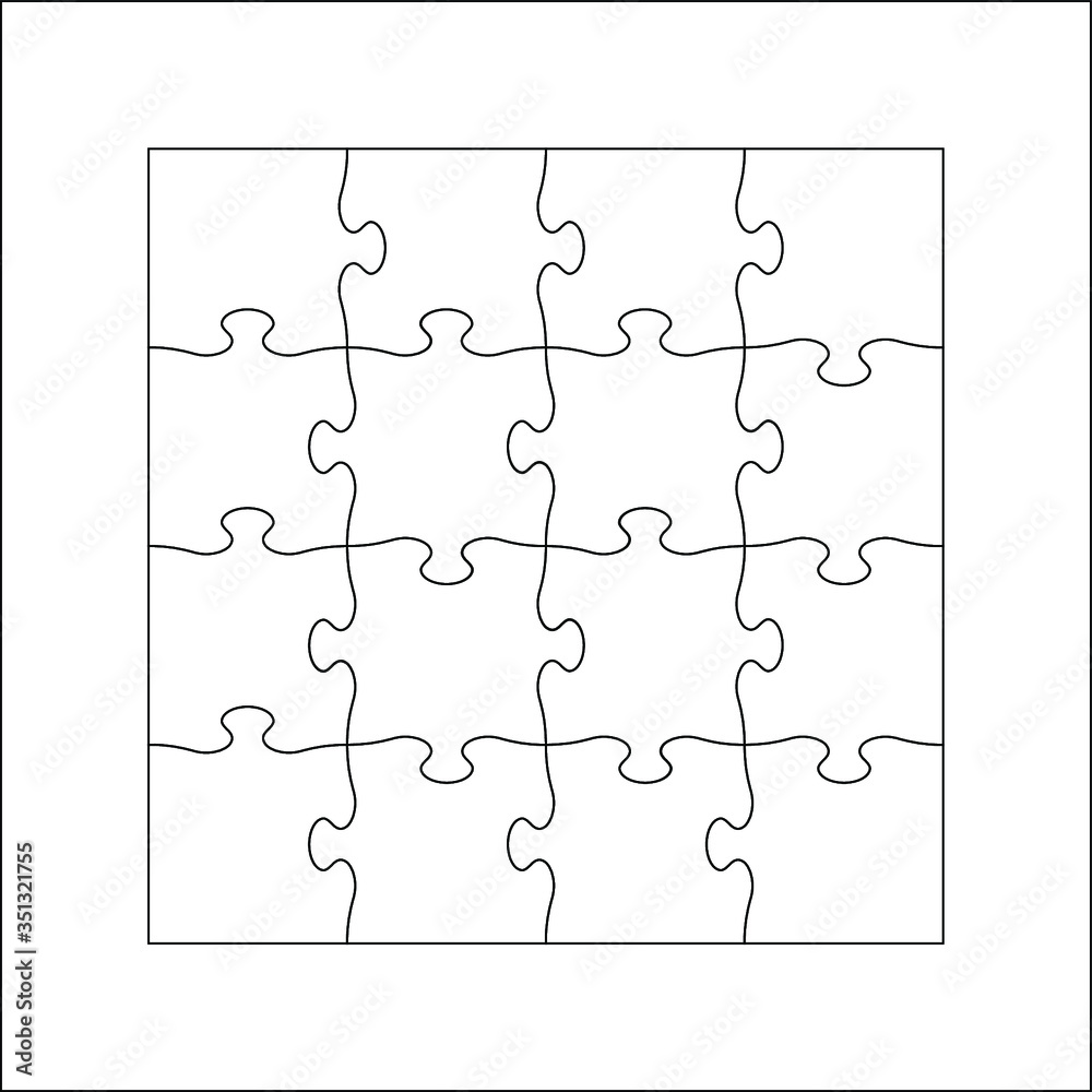 Set of sixteen jigsaw puzzle pieces. Puzzle with different types of ...