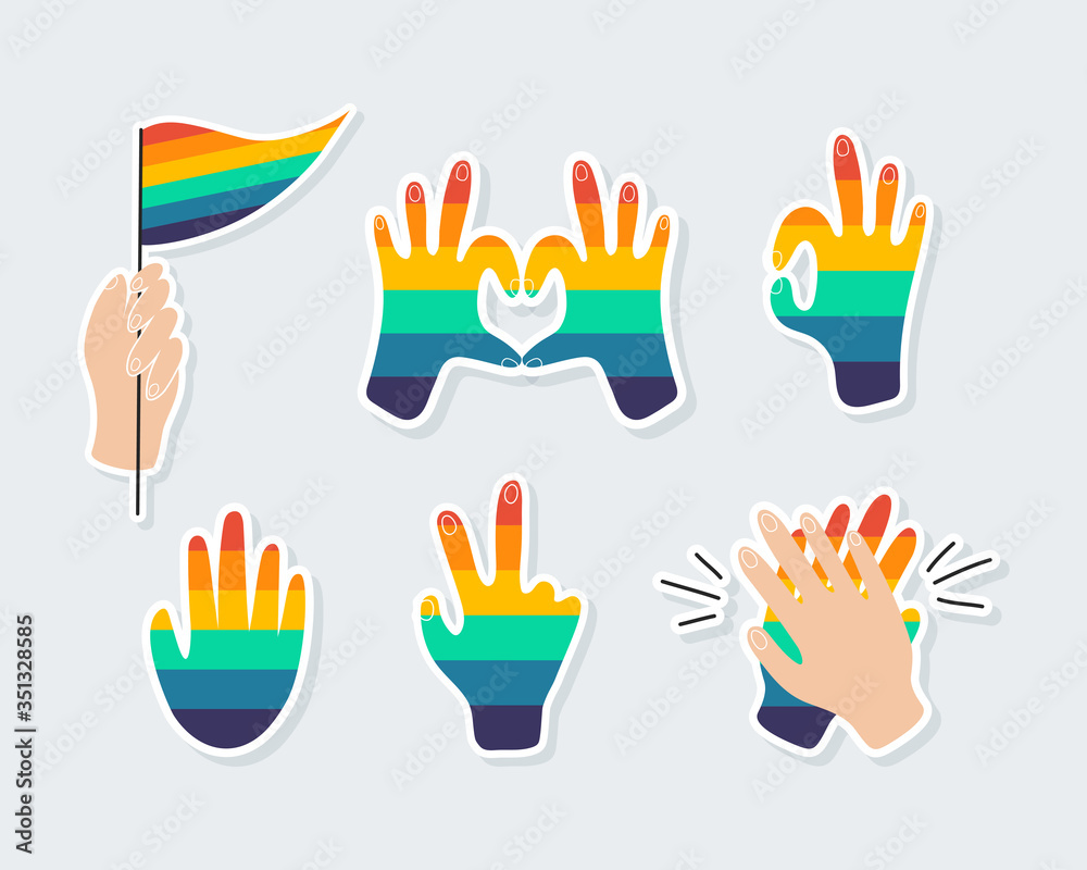 Set of icons on a theme the LGBTQ. Various rainbow hands, hands-heart ...