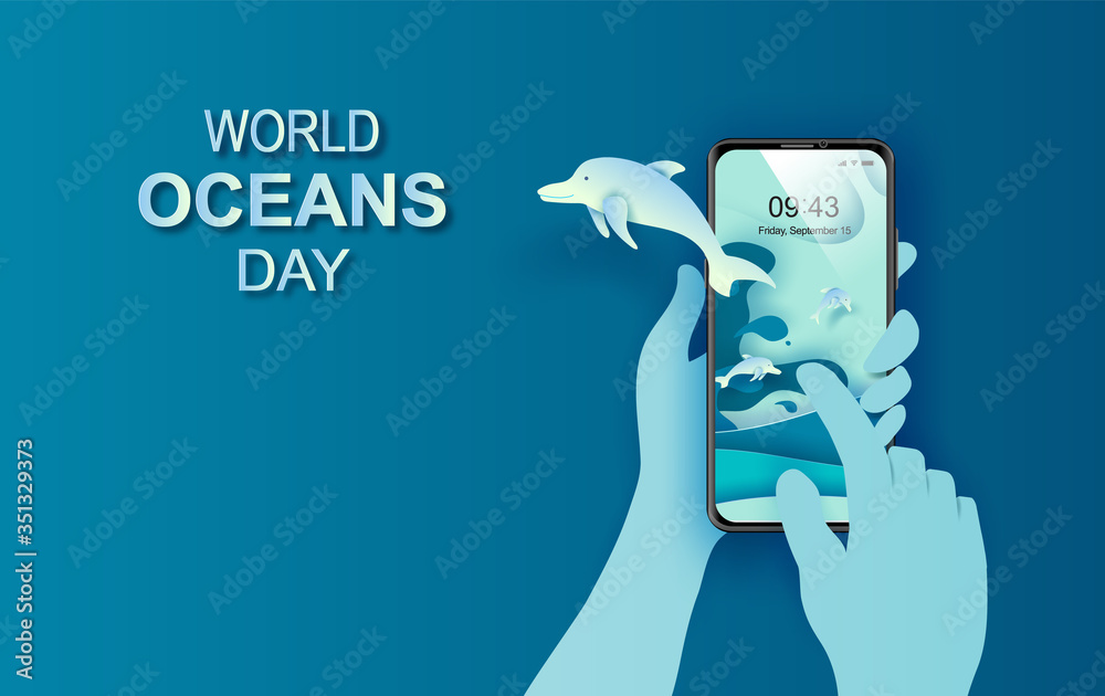 Paper art and cut concept of World Oceans Day. Celebration dedicated to ...
