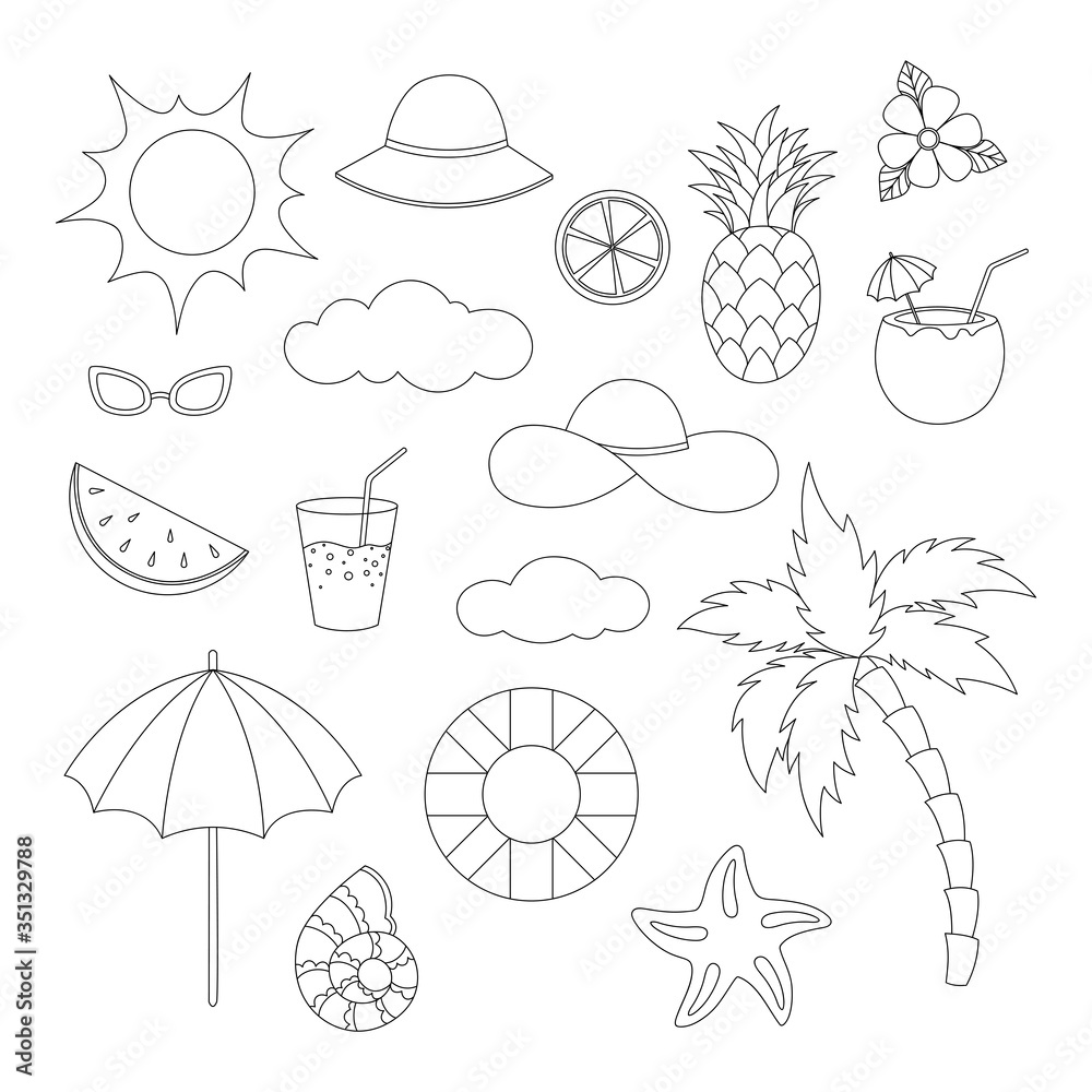 Set of different summer objects isolated on white background. Summer ...