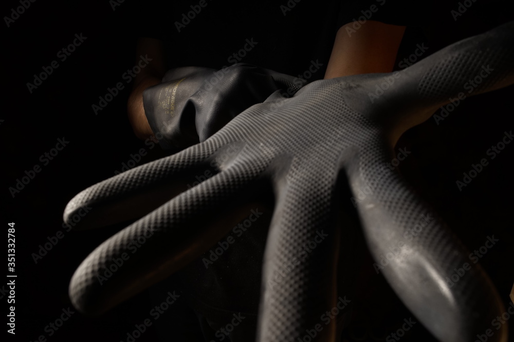 Hand gestures industrial black rubber gloves for personal safety hand ...