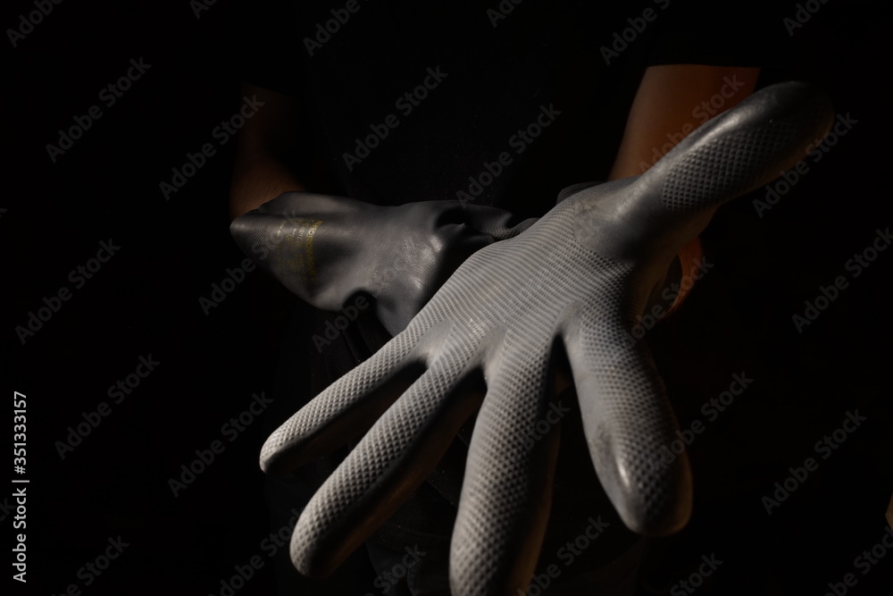 Hand gestures industrial black rubber gloves for personal safety hand ...