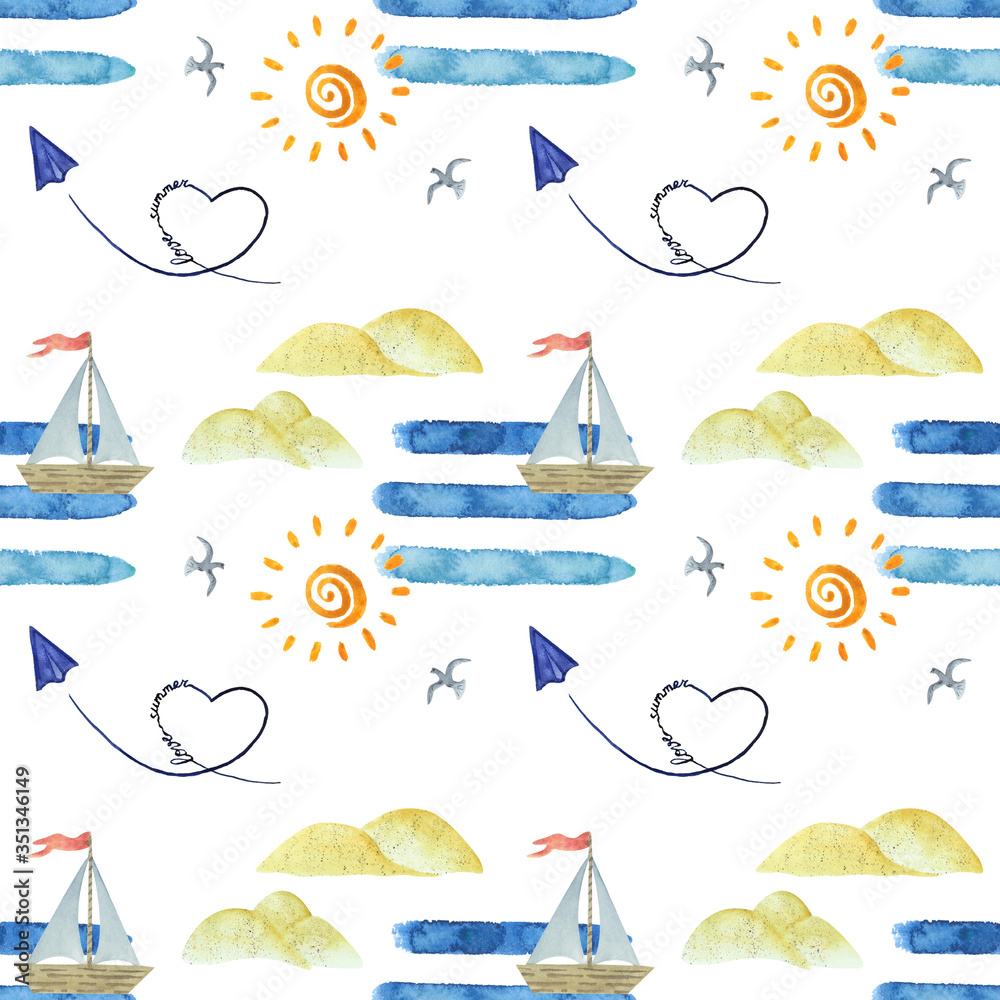 Summer beach, sea seamless pattern. Illustration of summer, beach and ...