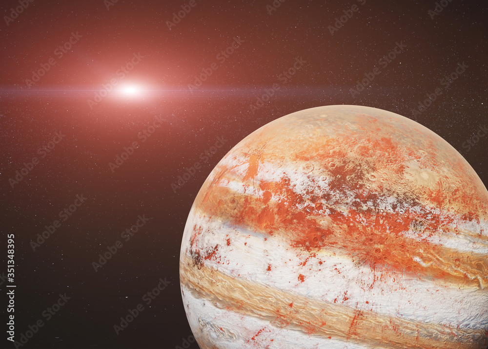 Red Jupiter like fiction planet in outer space with lens flare of ...