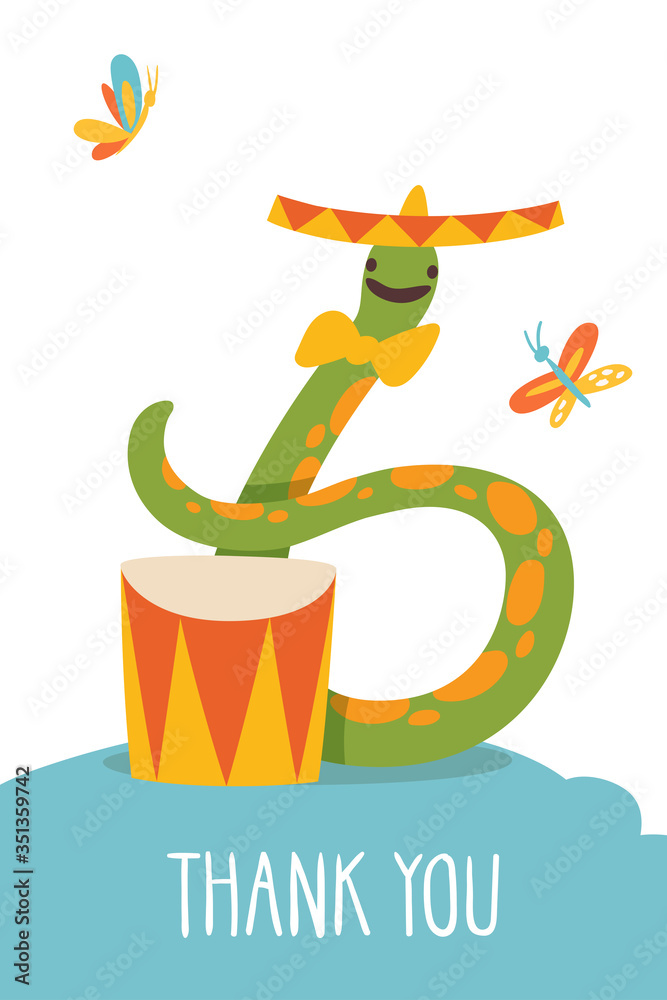 Vector funny cartoon hand drawn thank you card with snake playing music ...