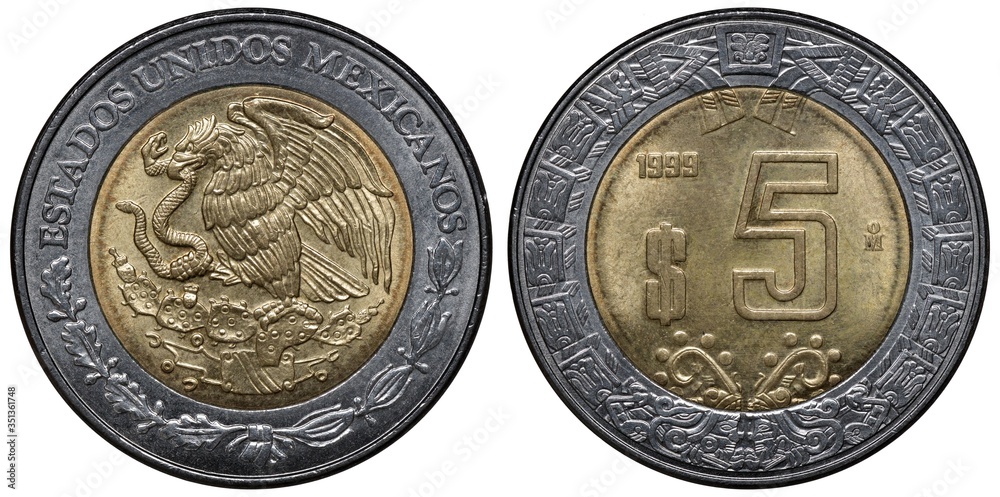 Mexico Mexican bimetallic coin 5 five pesos 1999, regular issue, eagle ...