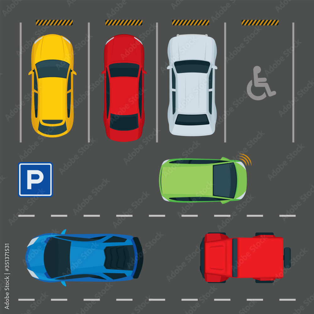Parking top view. Cars top view. Different cars top view flat style ...