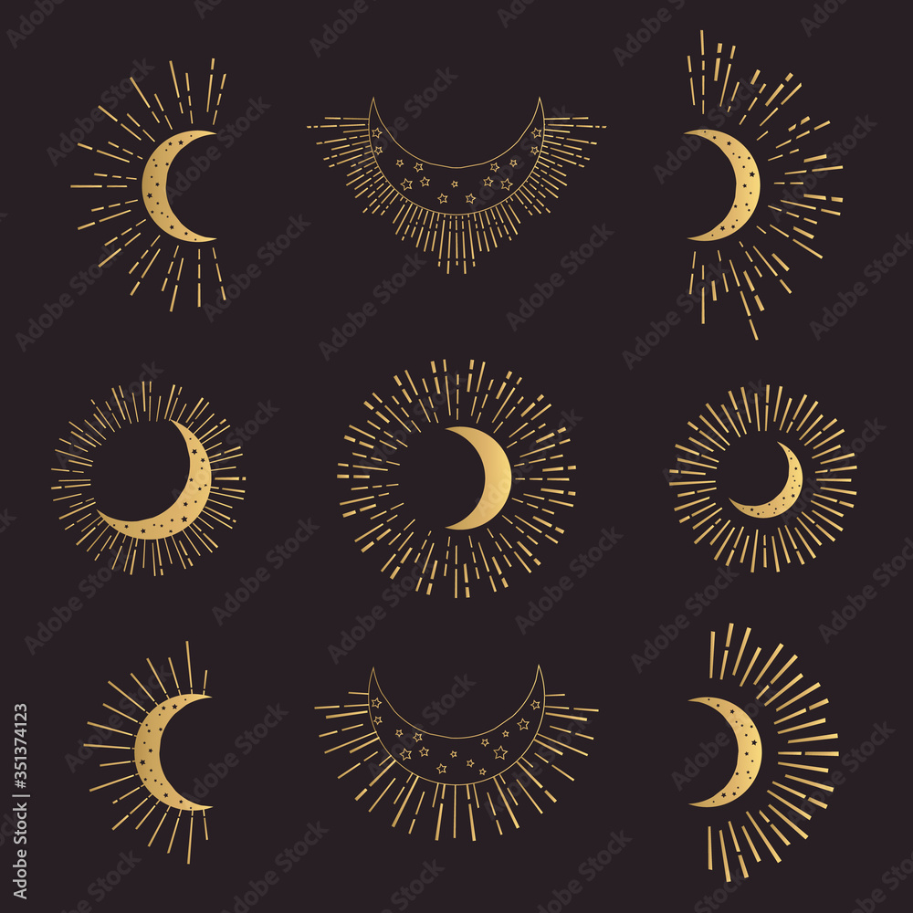 Hand Drawn Gold Half Moon with Sunburst. Golden Moon Collection Stock ...