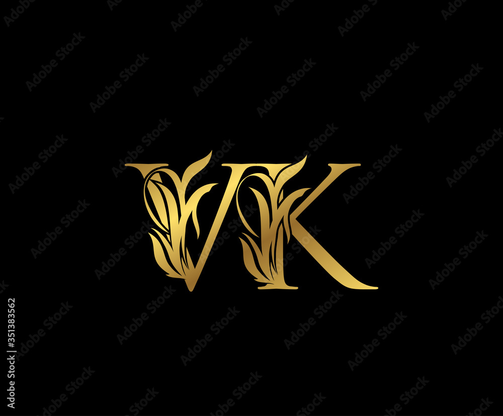 Classy Gold letter V and K, VK Vintage decorative ornament emblem badge ...
