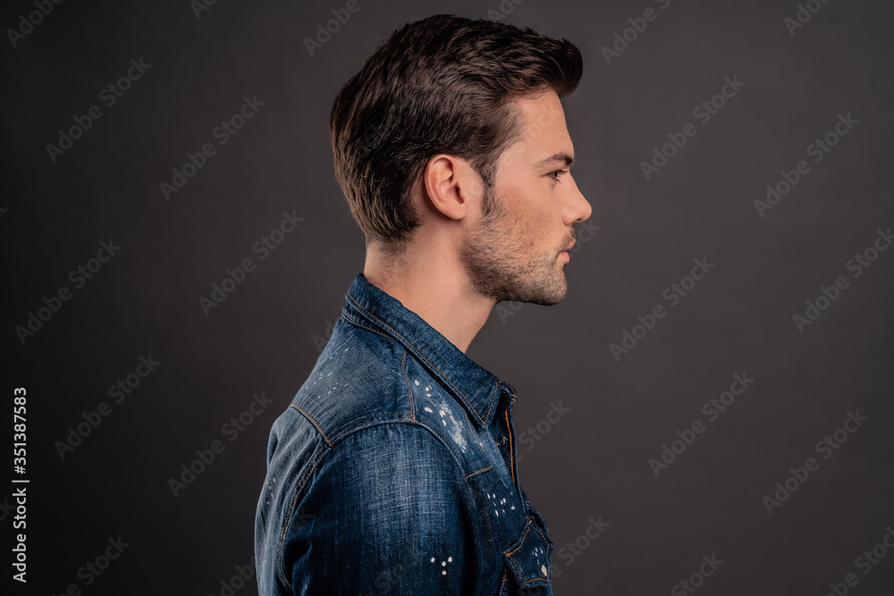 Advertisement concept, side view half face profile with copy space of ...
