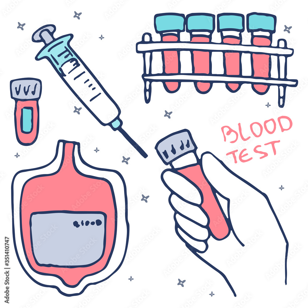 Blood pack on white isolated backdrop. Test tubes and syringe for ...