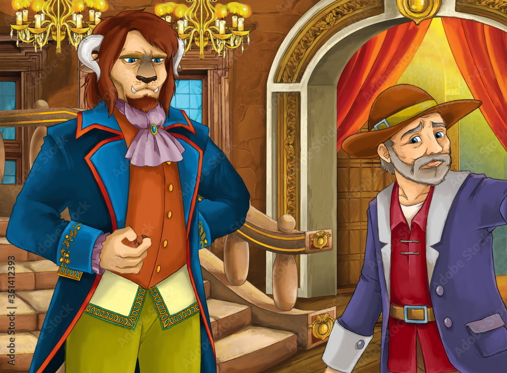 cartoon scene with enchanted prince as a beast in the medieval castle ...