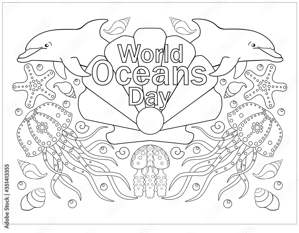 World Oceans Day - June 8 - vector linear picture for coloring with sea ...