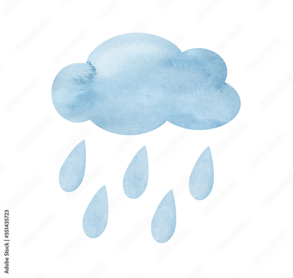 Watercolor illustration of pastel blue cloud with falling drops of rain ...