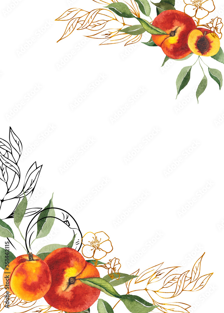 Watercolor hand painted frames of fruits and flowers with ripe juicy ...