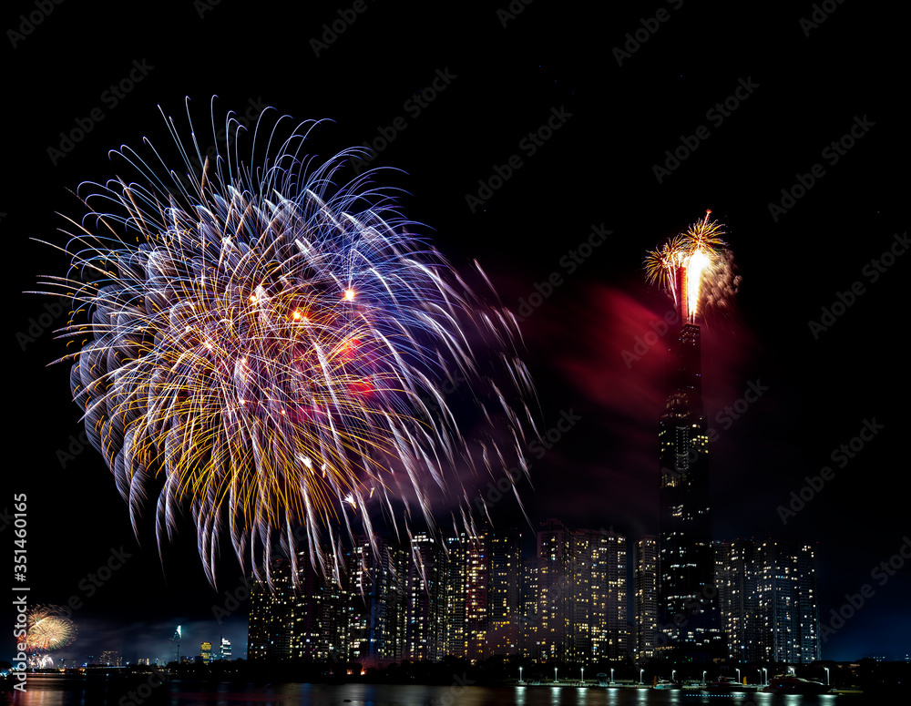 Colorful fireworks welcome lunar new year view from skyscraper at night ...
