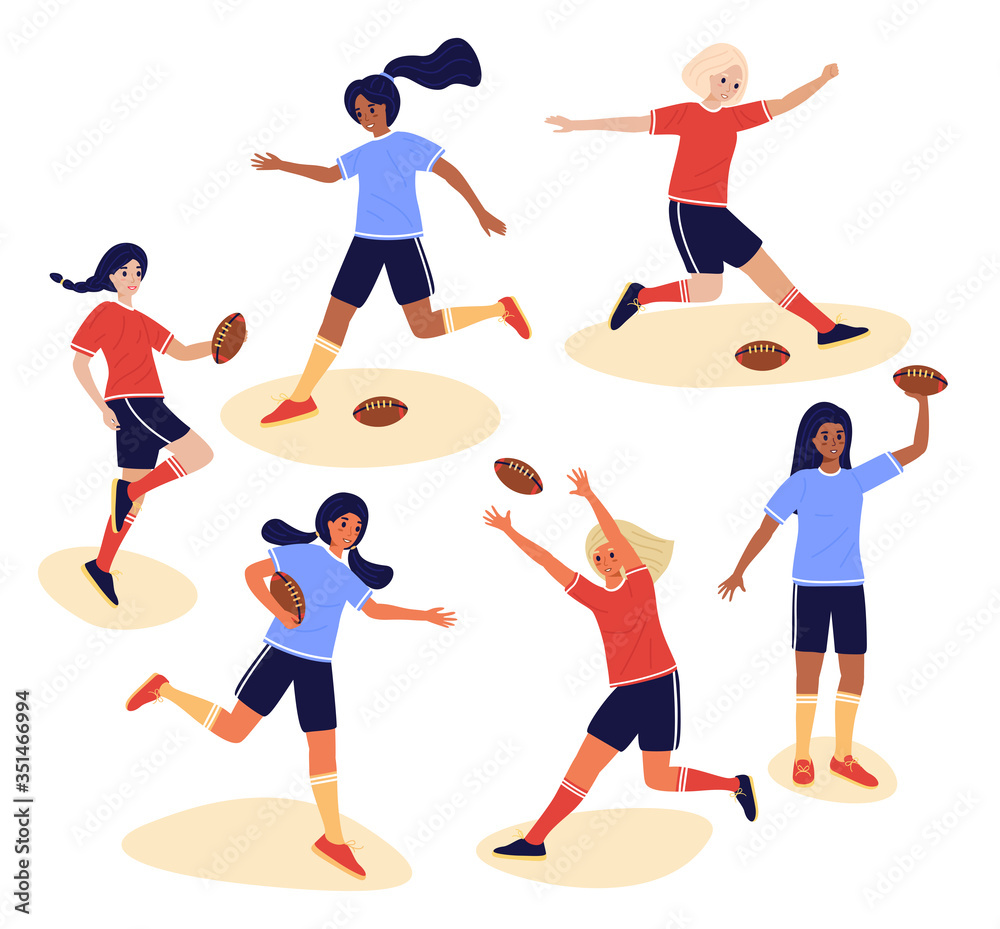 Vecteur Stock Collection of young female rugby players isolated on ...