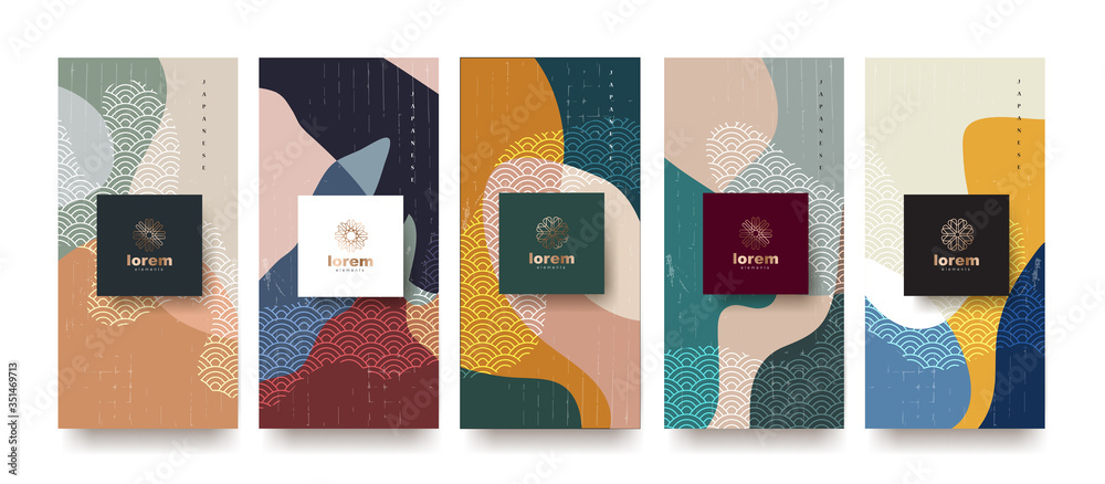 Landscape vector set packaging templates.Line pattern in Asian style ...