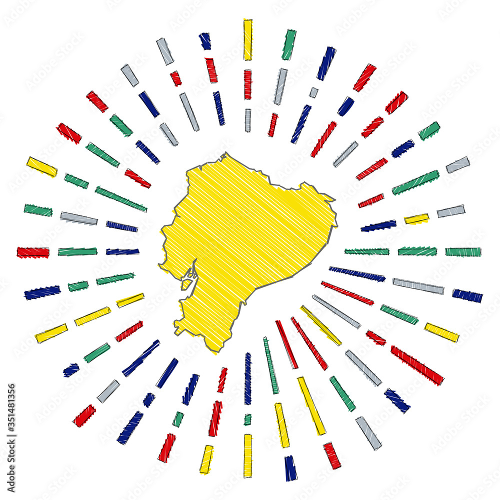 Sketch map of Ecuador. Sunburst around the country in flag colors. Hand ... Sketch map of Ecuador. Sunburst around the country in flag colors. Hand ...