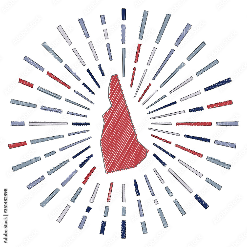 Sketch map of New Hampshire. Sunburst around the us state in flag ...