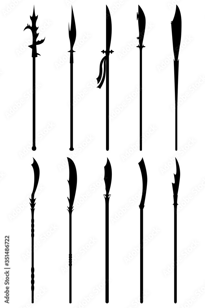 A set of ten different types of medieval halberds and spears ...