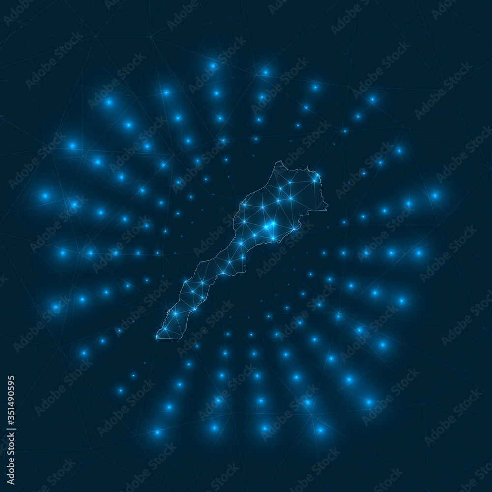 Morocco digital map. Glowing rays radiating from the country. Network ...