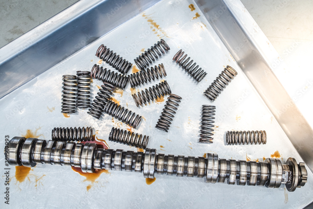 Close-up shots of the camshaft of the internal combustion engine closed ...