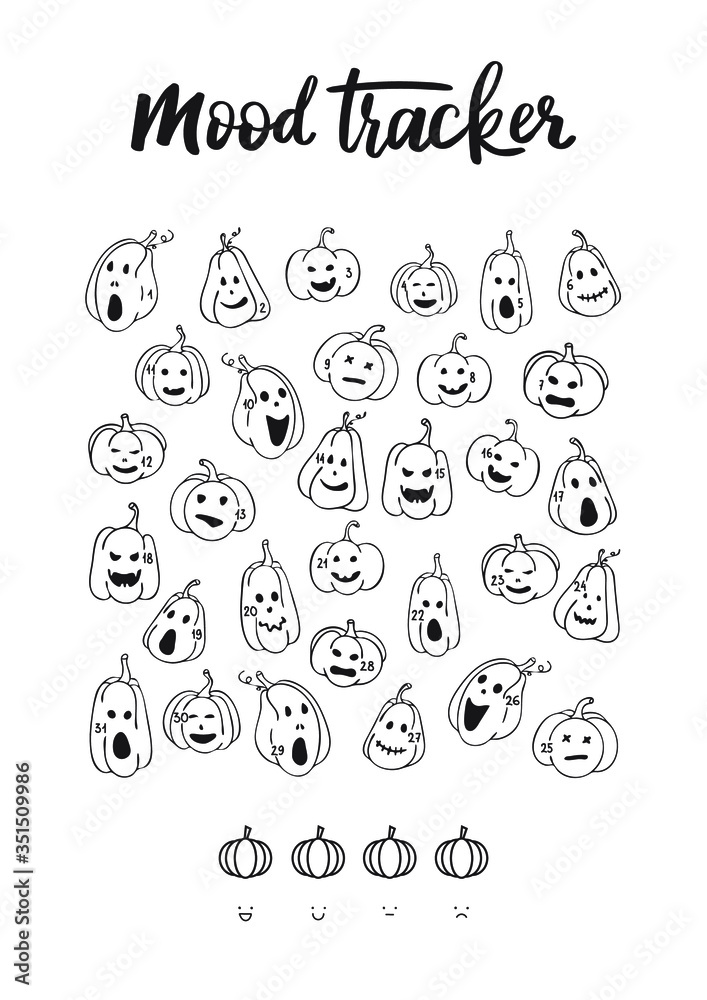 Mood Tracker for A4 Printing on October. Halloween pumpkins Jack-o ...