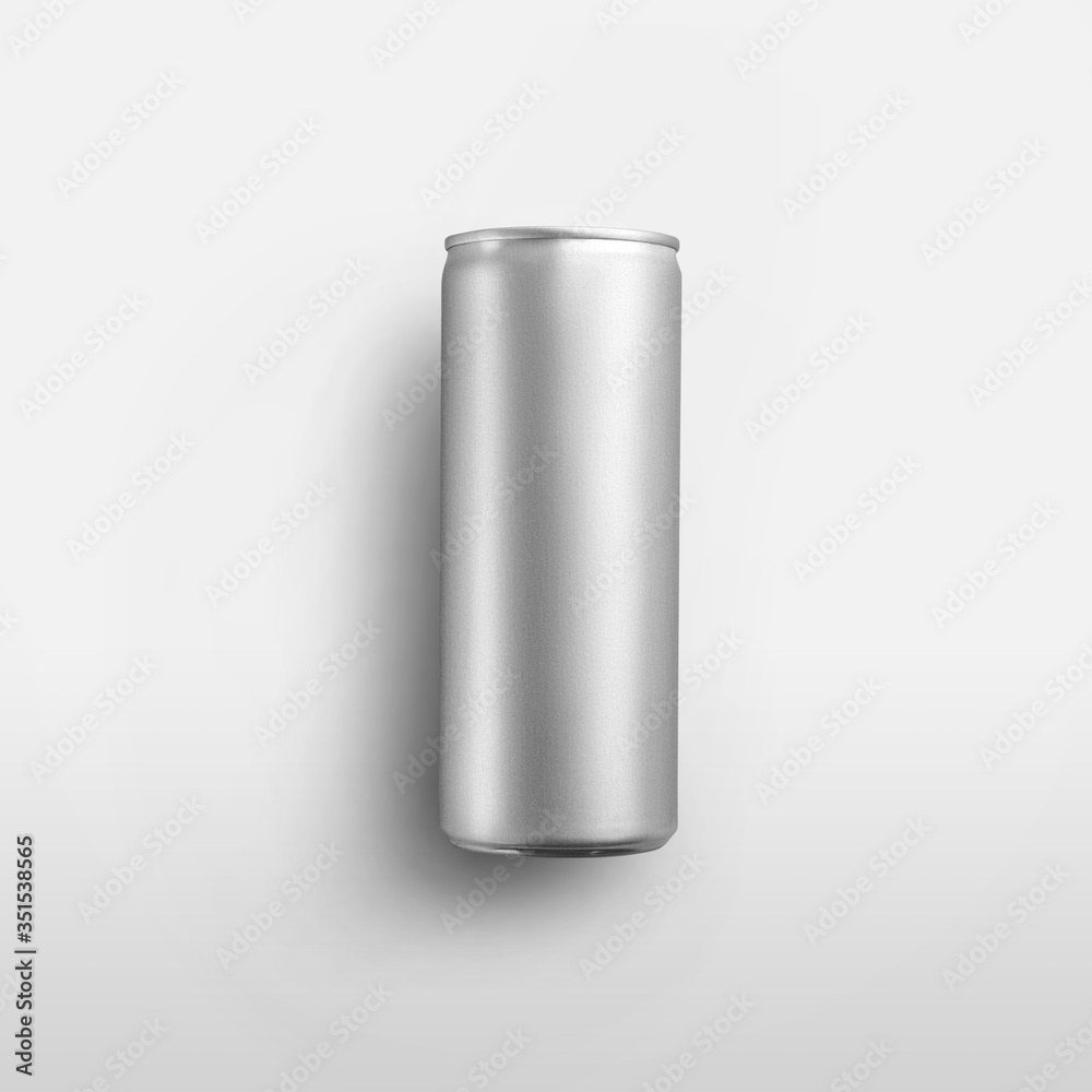Template of a tall empty shiny bottle with a refreshing drink, a tin ...