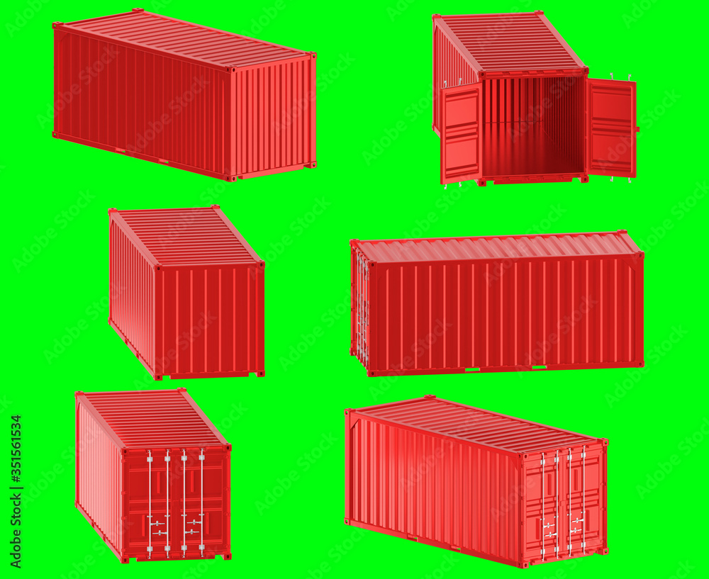 A high quality image of a red 20ft shipping container on a green ...