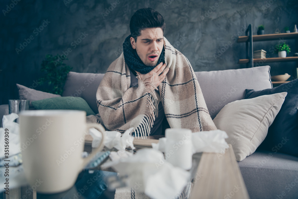 Portrait of his he sick weak guy suffering disease virus catch cold ...