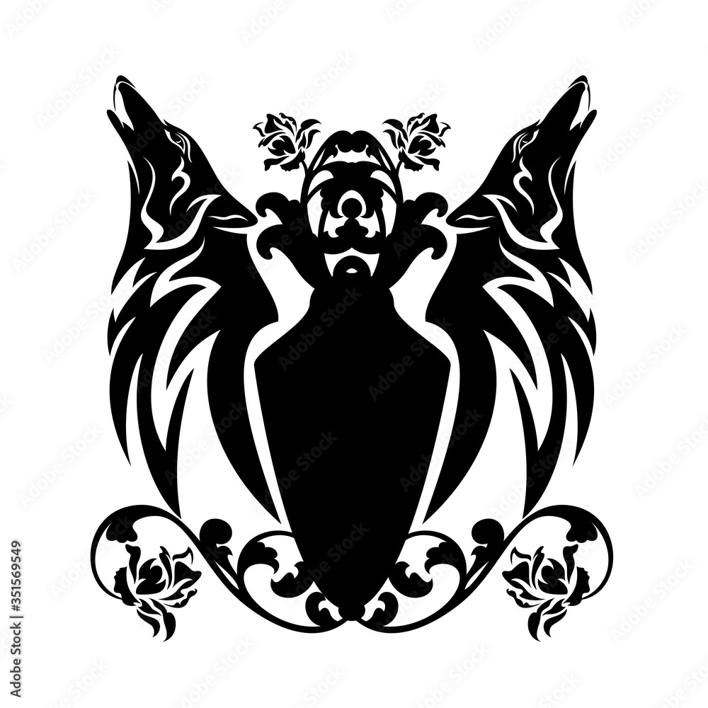 howling wolf head with medieval style coat of arms shield among rose ...