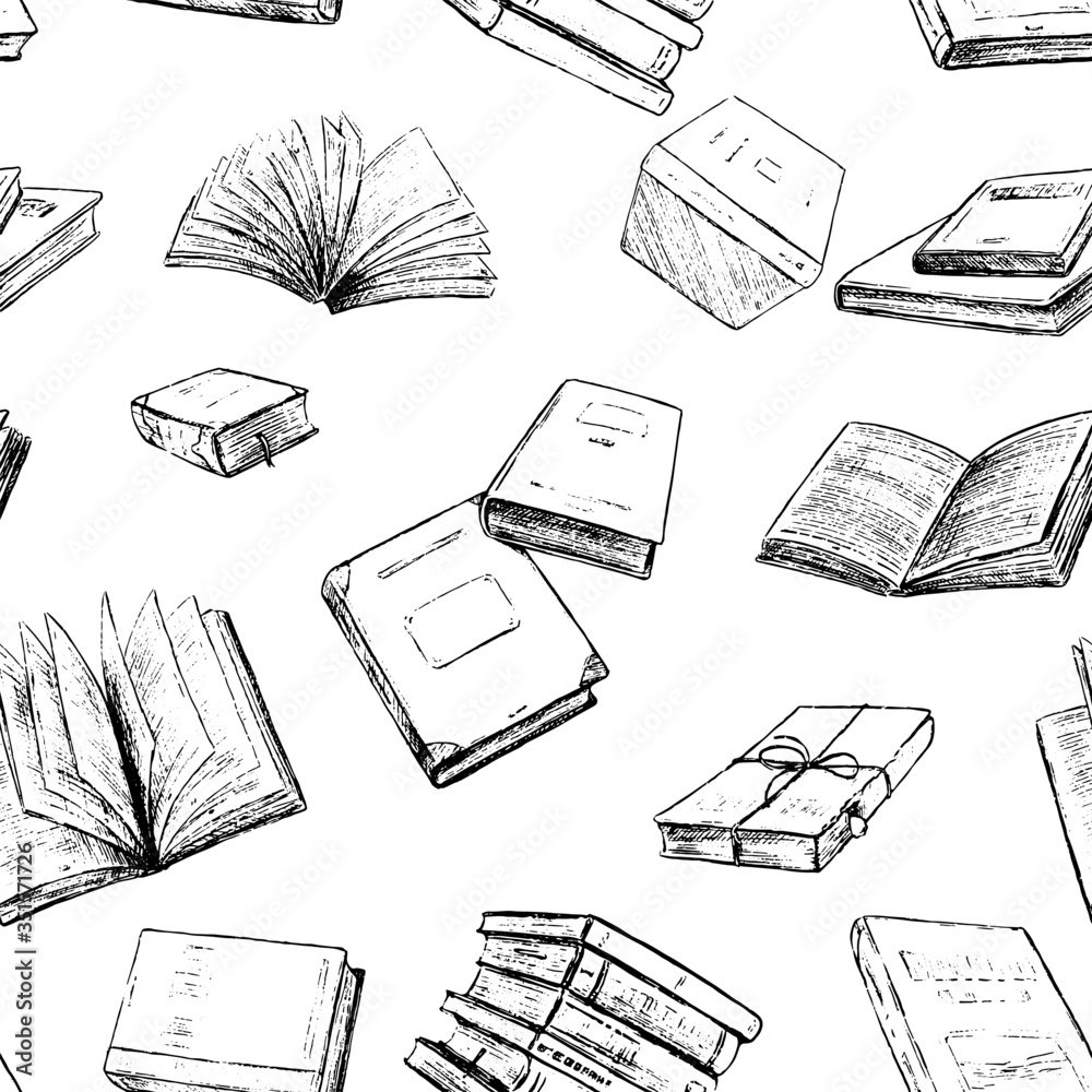 Books vector seamless pattern. Love of reading vintage hand drawn ...