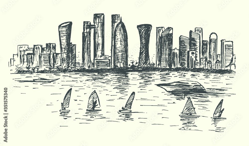 Qatar Doha city skyline, hand drawn, sketch style, vector, illustration ...