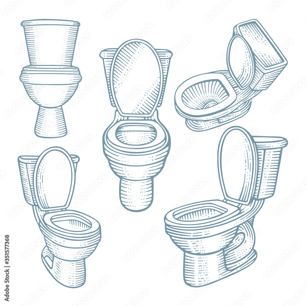 Toilet bowl. Hand drawn home toilet vector illustrations set. Sketch ...