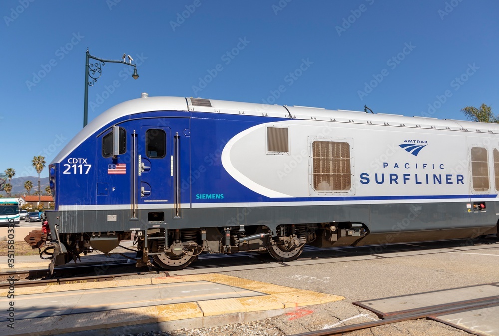 the pacific surfliner train enters the station at Santa Barbara. The ...