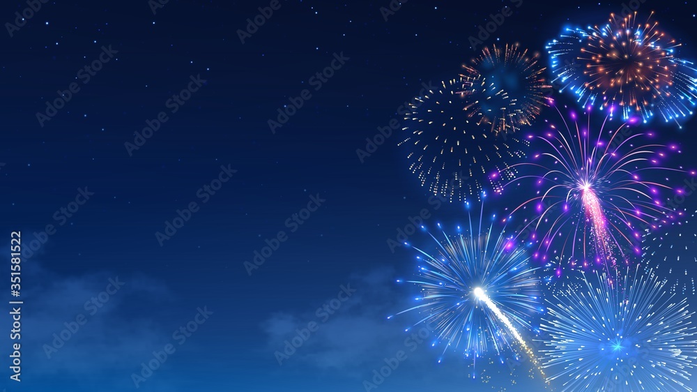 Fireworks bursts in starry night sky. Festival firework show, colorful ...