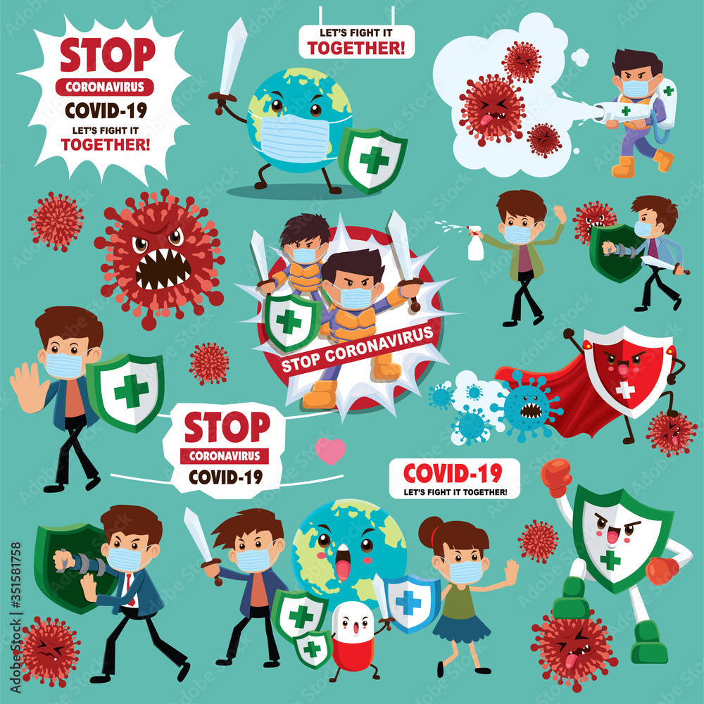 Vector cartoon hero character fighting with virus. COVID-19 Novel ...